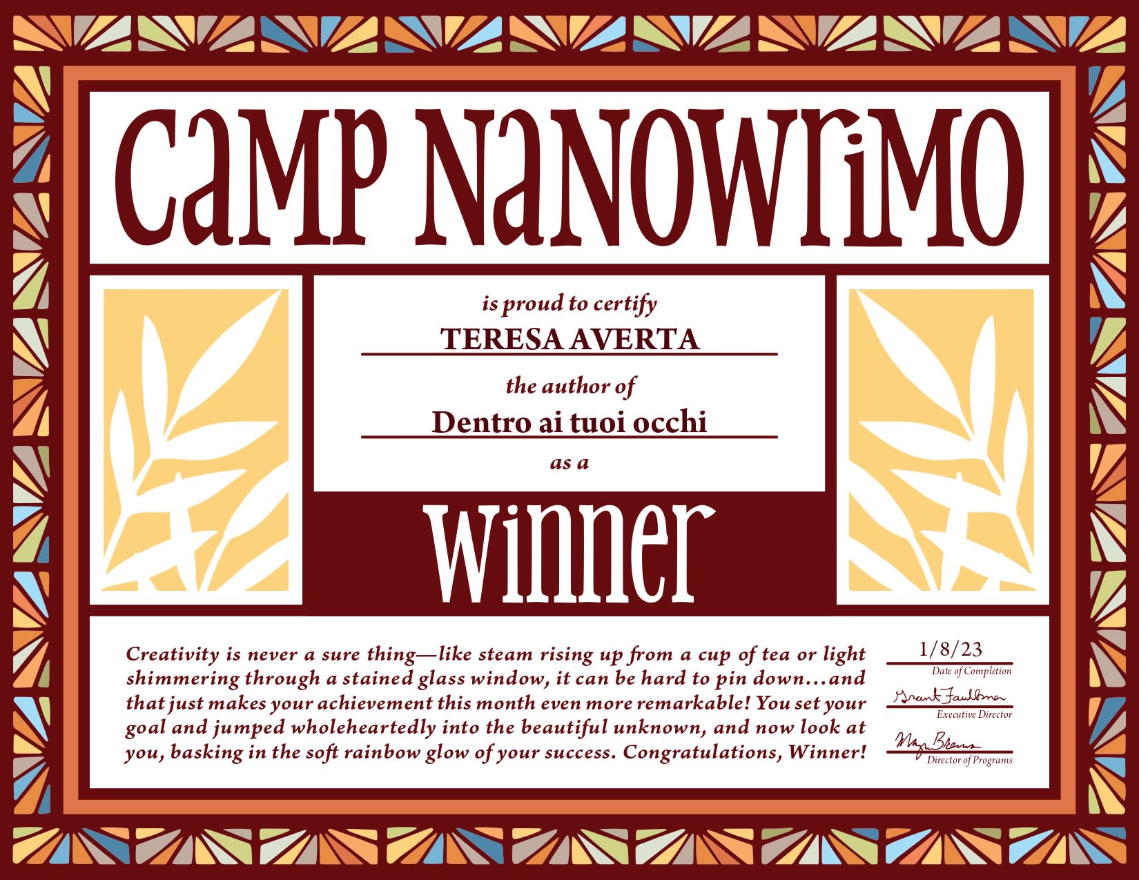 TERESA AVERTA VINCE IL “NANOWRIMO” 2023 NEGLI STATI UNITI D’AMERICA